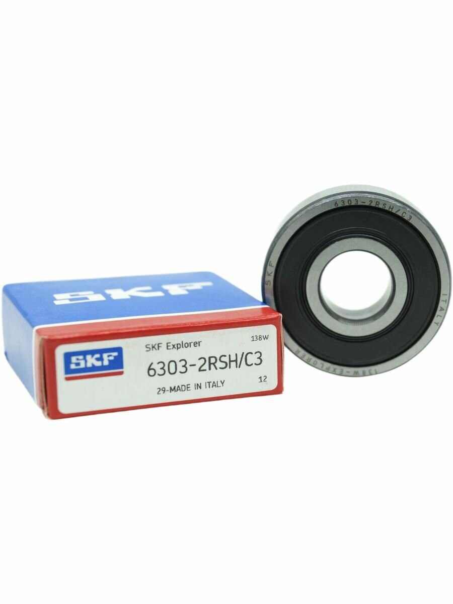 Подшипник генератора и стиральной машины 6303-2RSH/C3 SKF (17х47х14 мм) закрытый с тепловым зазором, оригинал, 1 шт.