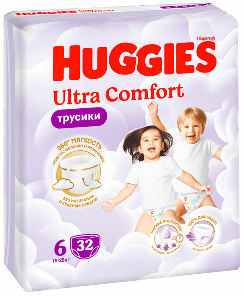 Трусики-подгузники Huggies Ultra Comfort 6, 15-25 кг, 32 шт, Унисекс