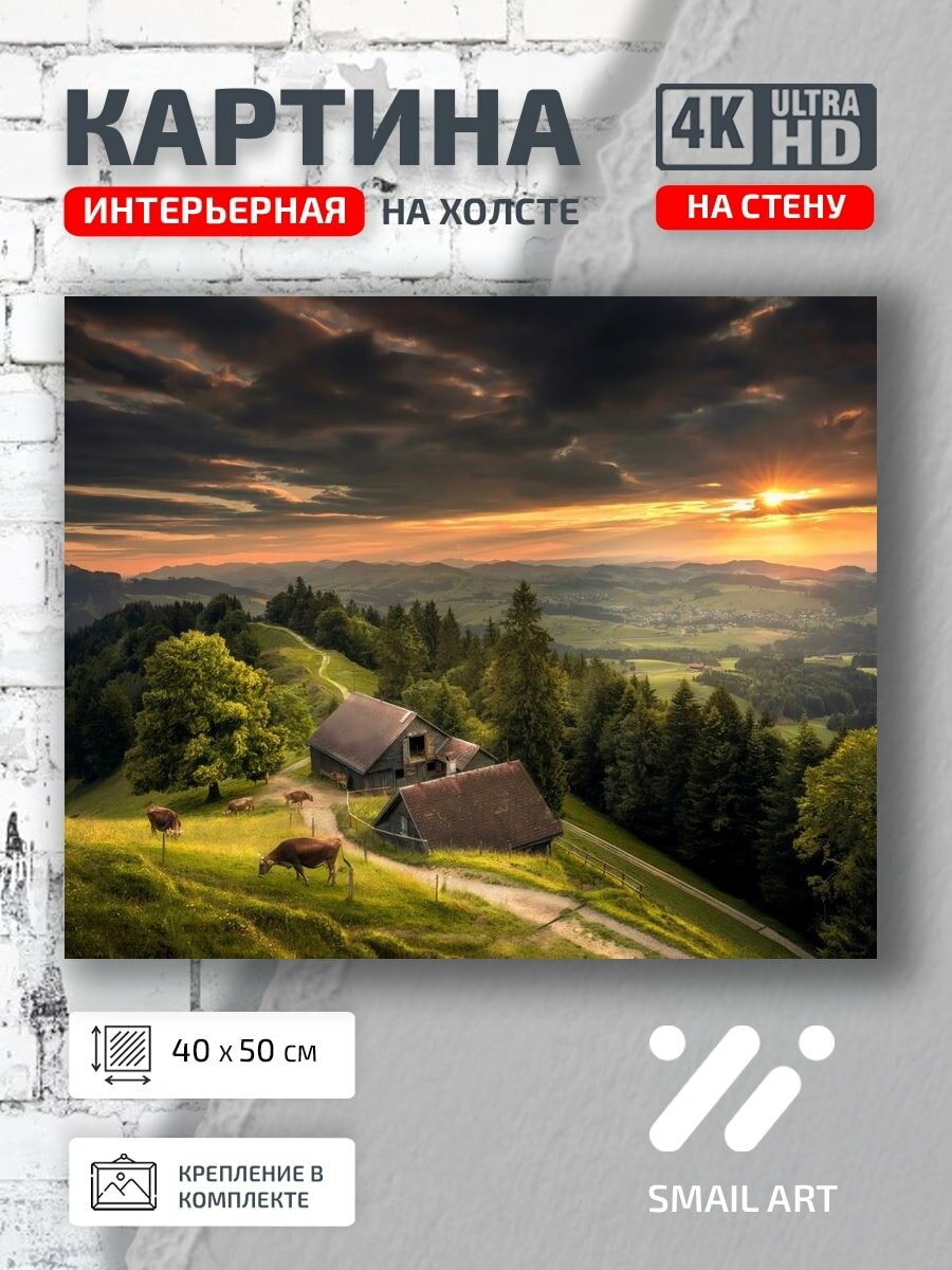 Картина на холсте интерьерная 40 на 50 на стену Пейзаж Швейцария для кабинета атмосфера