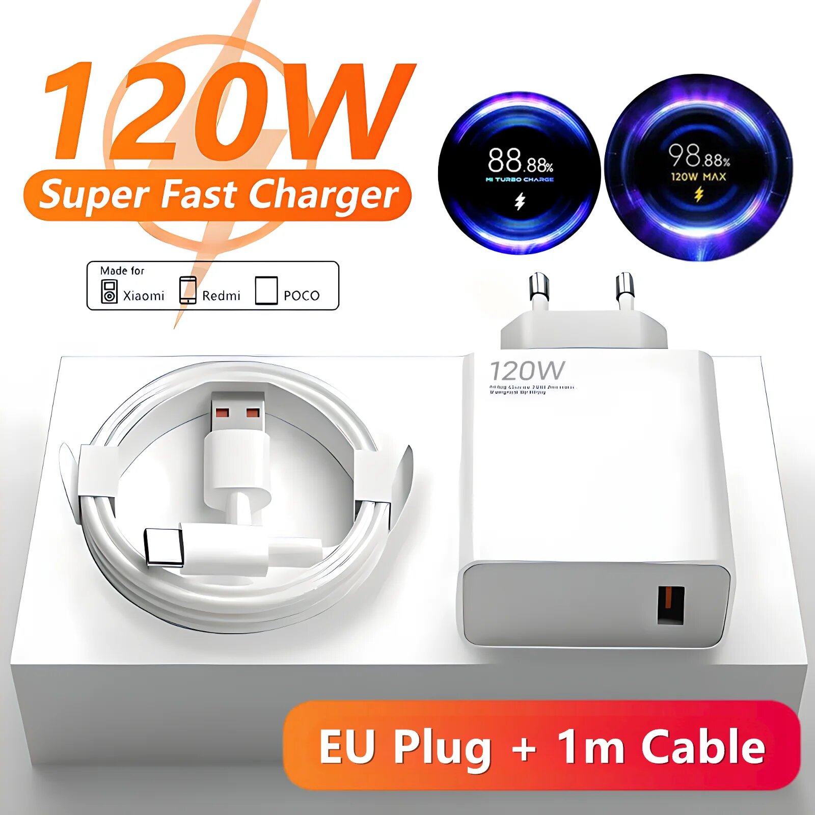 120W Super Fast Charger EU, 1m Cable, Xiaomi, Redmi, POCO