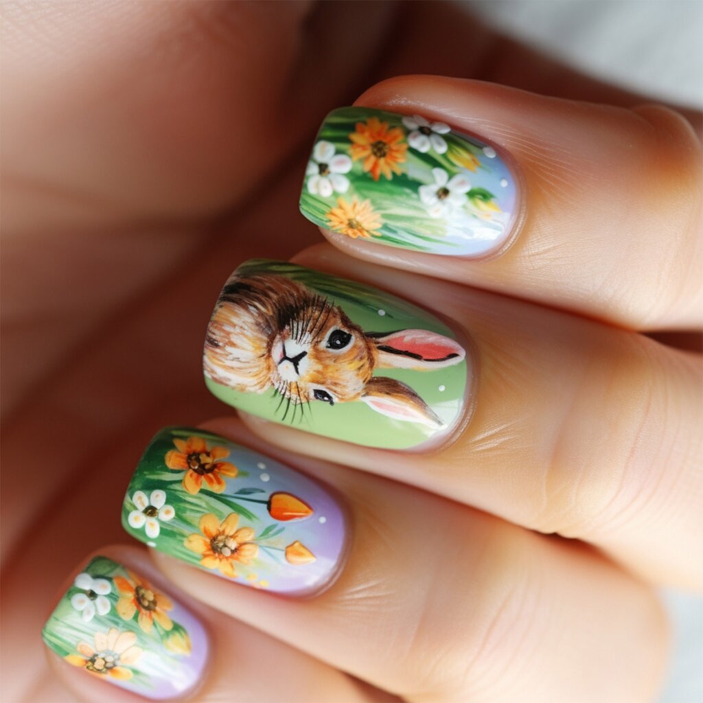 24шт Коротких квадратных Накладных ногтей С Пасхальным Цветочным Рисунком, Легко наносящихся