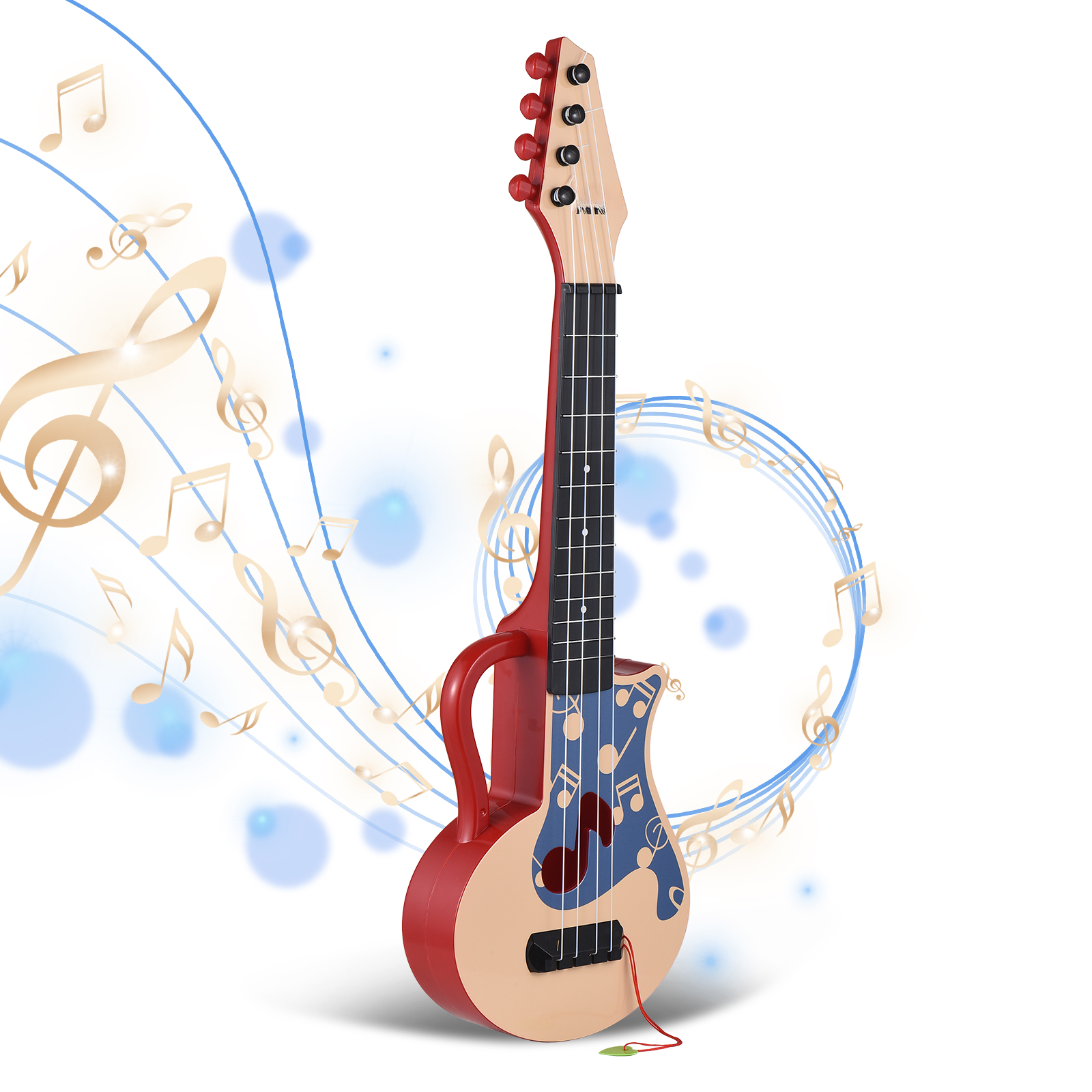 Укулеле 54 см с медиатором Musical Note Design ручная для начинающих подарок музыка малая гитара нитки из нейлона музыкальный инструмент, цвет синий, красный (по выбору), материал пластик+нитки из нейлона, размер 54*19 см/21.3*7.5 дюйма, вес 239 г/8.4