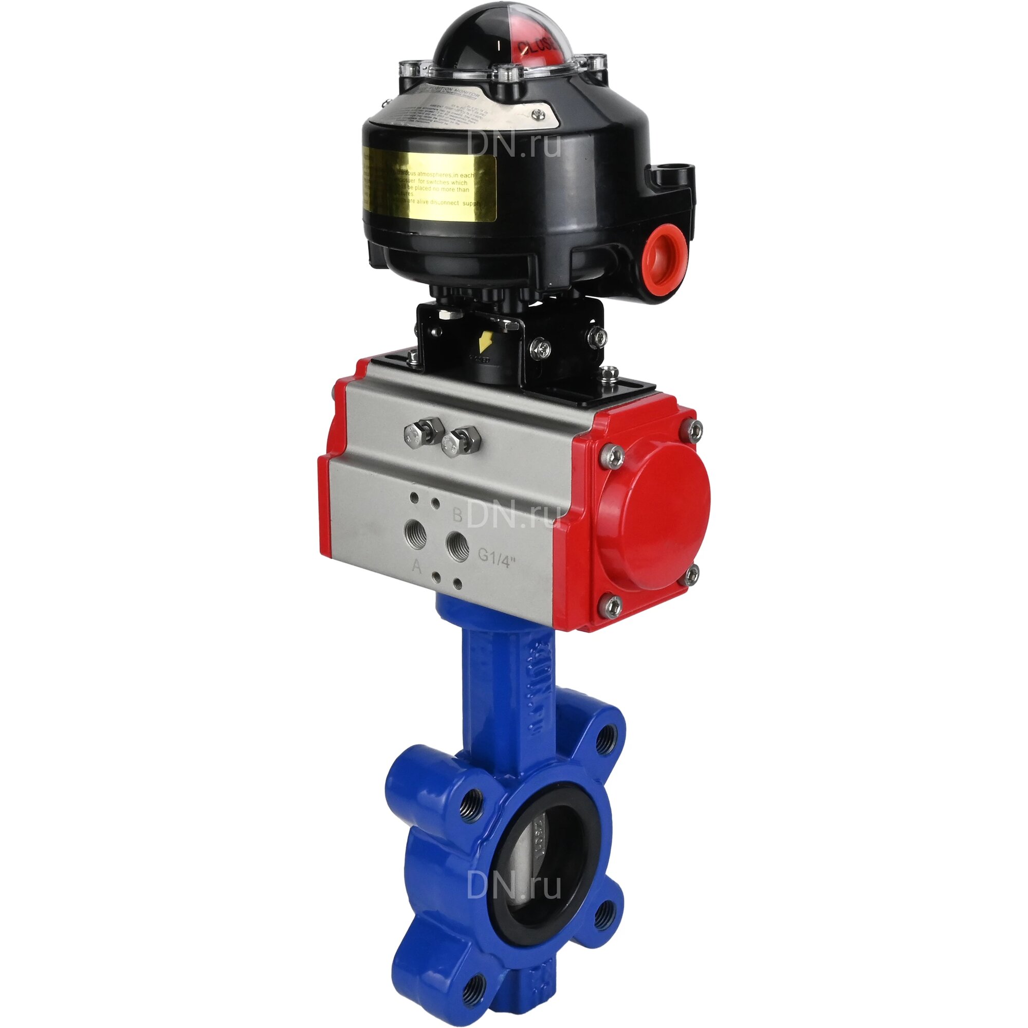 Затвор дисковый поворотный DN. ru QT450-304-NBR-2W-Fb-H Ду50 Ру16 корпус - чугун QT450, диск - нержавеющая сталь 304, уплотнение - NBR, межфланцевый, с пневмоприводом SA-083 и БКВ LSB-510-02ExM12-250