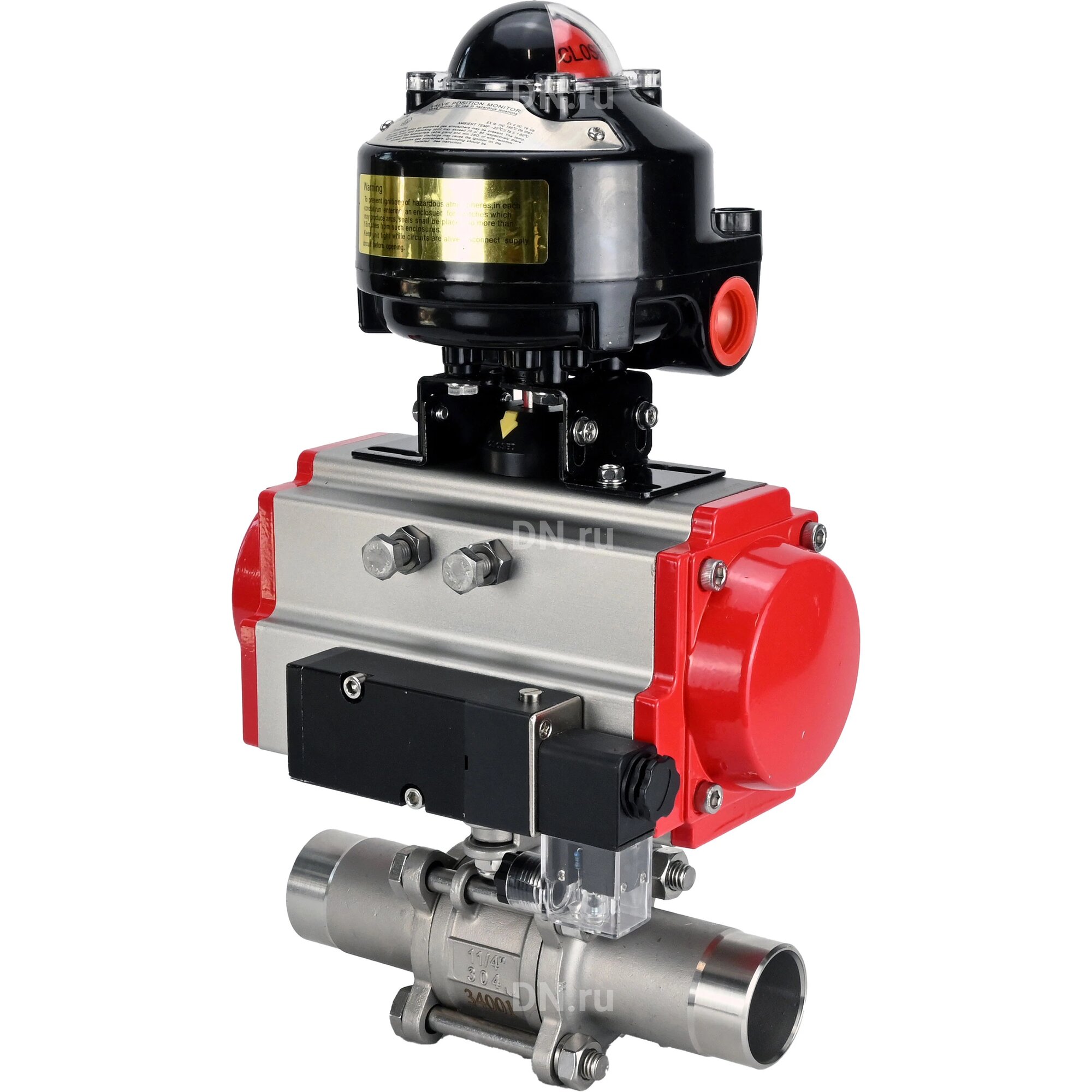 Кран шаровой DN.ru 304-304-PTFE-W-ISO-H Ду20 Ру63 полнопроходной, корпус - нержавеющая сталь 304, уплотнение - PTFE, под приварку, с пневмоприводом DA-065, пневмораспределителем PND2-S1EM-52-1NC-J08-220VAC и БКВ LSB-510-02ExM12-250