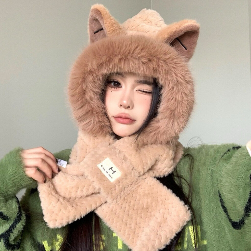 Зимний новый стиль, женская шапка с лисьими ушками, шарф, перчатки, цельный шарф из трех частей, милый плюшевый теплый и ветрозащитный