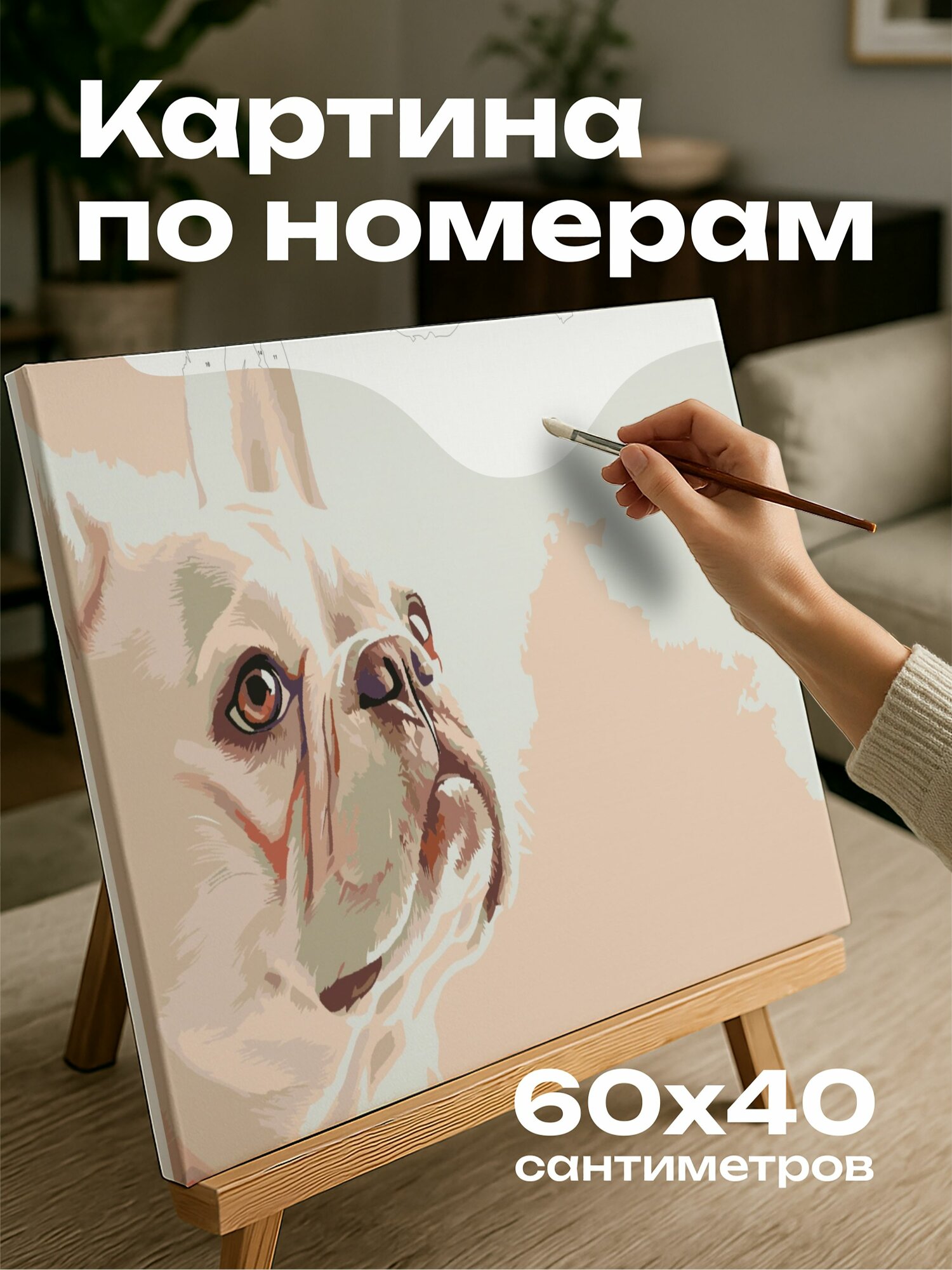 Картина по номерам 60x40 см, Французский бульдог, цветочный ошейник, элегантность, нежность, очарование, пастельный фон