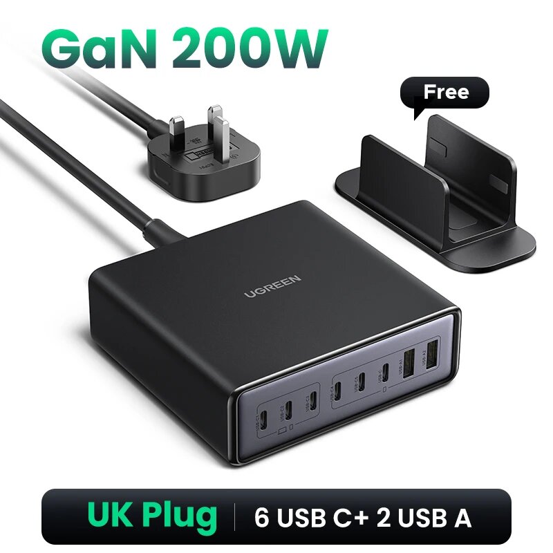 UGREEN 200 Вт GaN Зарядное устройство 8 в 1 Настольная зарядная станция USB C Подставка UK GaN 200W