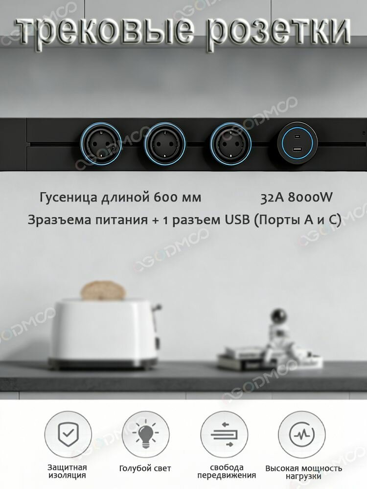 Трековые розетки, накладная металлическая шина 60 см + 3 евро розетки+1 usb(type-c), черный