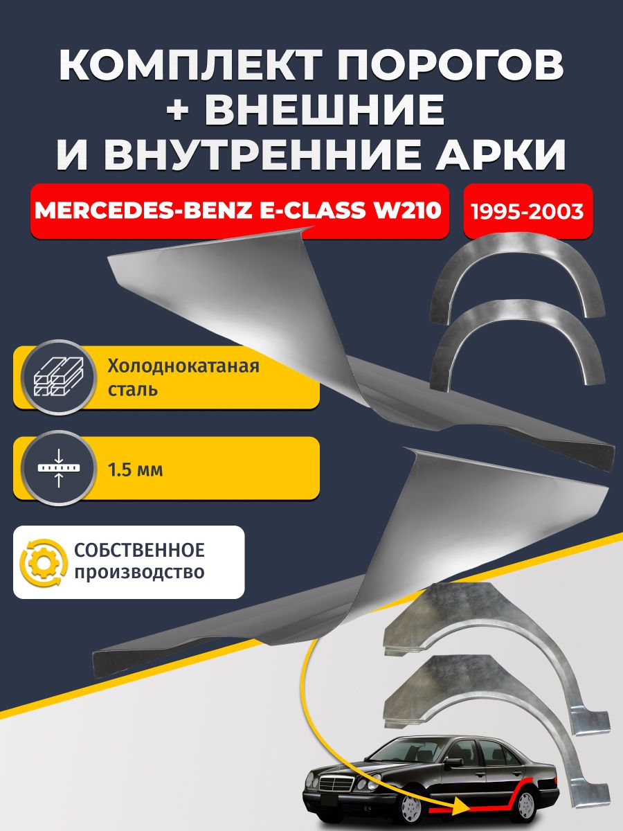 Комплект ремонтных задних внешних и внутренних арок (0,8 мм) + комплект стандартных ремонтных порогов , на Mercedes-Benz W210 1995-2003 седан (Мерседес В210) Холоднокатаная сталь 1.5 мм