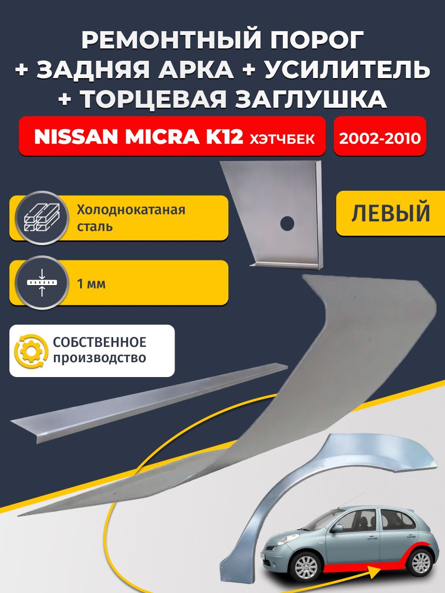 Левая ремонтная задняя арка (0,8 мм) и левый стандартный ремонтный порог + торцевая заглушка + усилитель, на Nissan Micra K12 2002-2010 хэтчбeк 5 дв (Ниссан Микра). Холоднокатаная сталь 1 мм