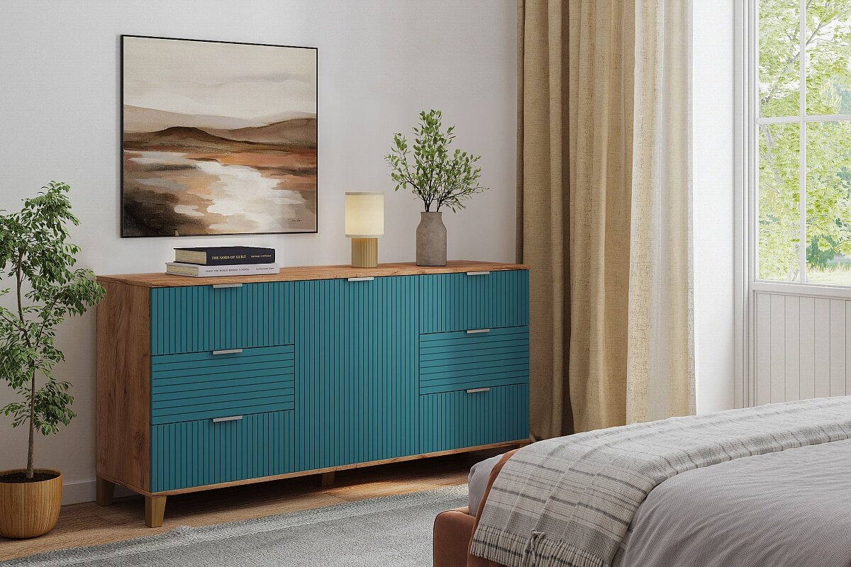 Комод МебельЛэнд24 Марвин 33 фрезеровка 8 Аквамарин 150x40x70 синий однодверный с 6 ящиками