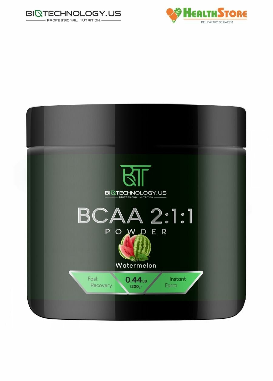 Biotechnology.US BCAA 2:1:1 8000мг 200г(арбуз) Аминокислоты BCAA 2-1-1 бца 8000мг бцаа порошок