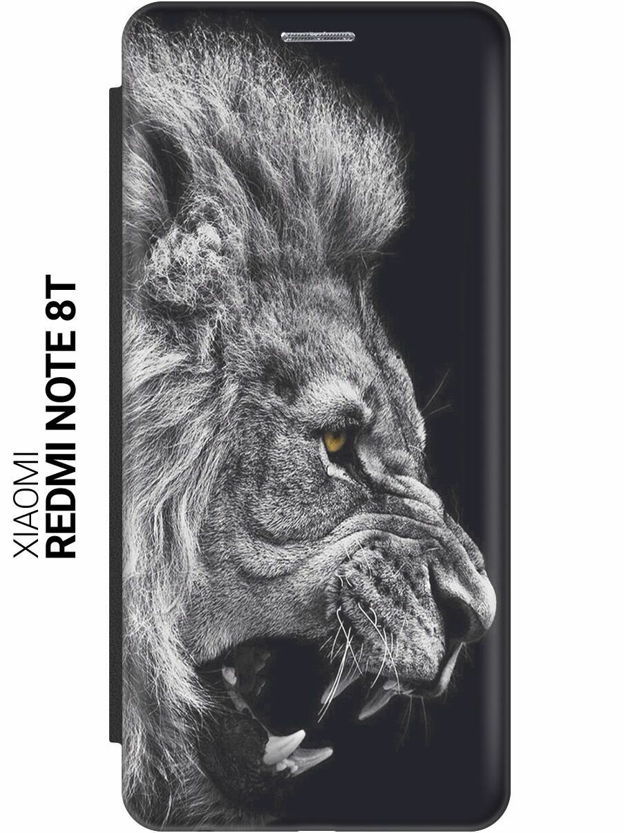 Чехол-книжка на Xiaomi Redmi Note 8T, Сяоми Редми Ноут 8Т с 3D принтом "Морда льва" черный