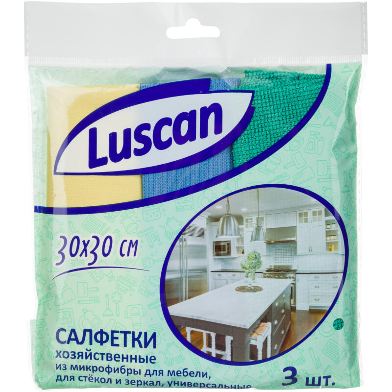 Салфетки хозяйственные Luscan из микрофибры 30см д/мебели, стекол 3шт/уп