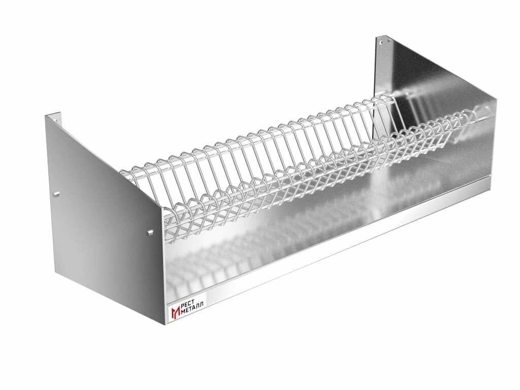 Полка для сушки тарелок открытая настенная одинарная 87*28*30 см из нержавеющей стали марки AISI 430 толщиной 0,8 мм, крепление формой "косынка", сетка из нержавеющей стали марки AISI 304