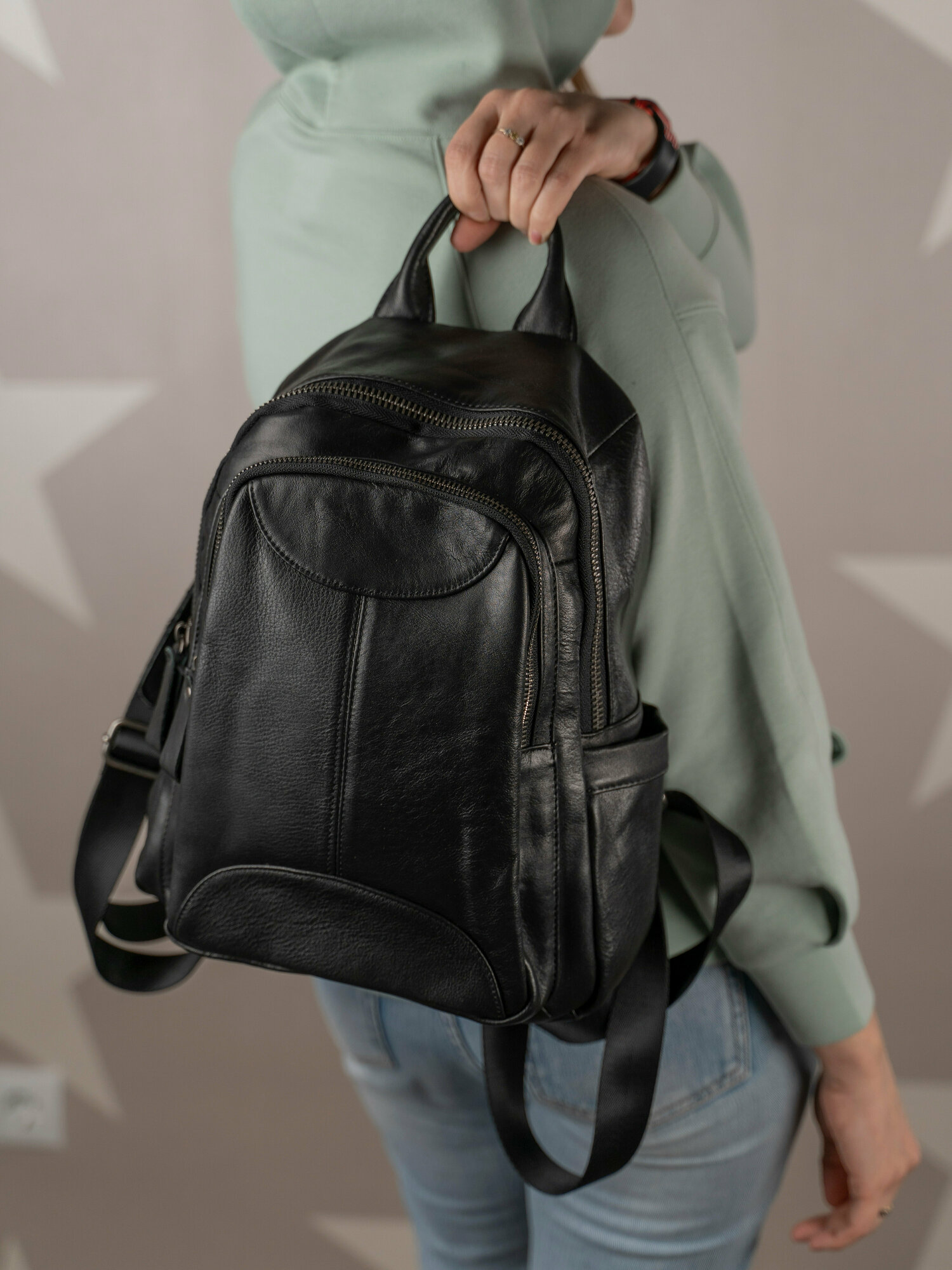 Рюкзак женский городской BRUONO из натуральной кожи, черный STN-5666-Black