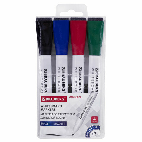 Маркеры стираемые на магните со стирателем для белой доски, 4 цвета, BRAUBERG UNIVERSAL, 152491