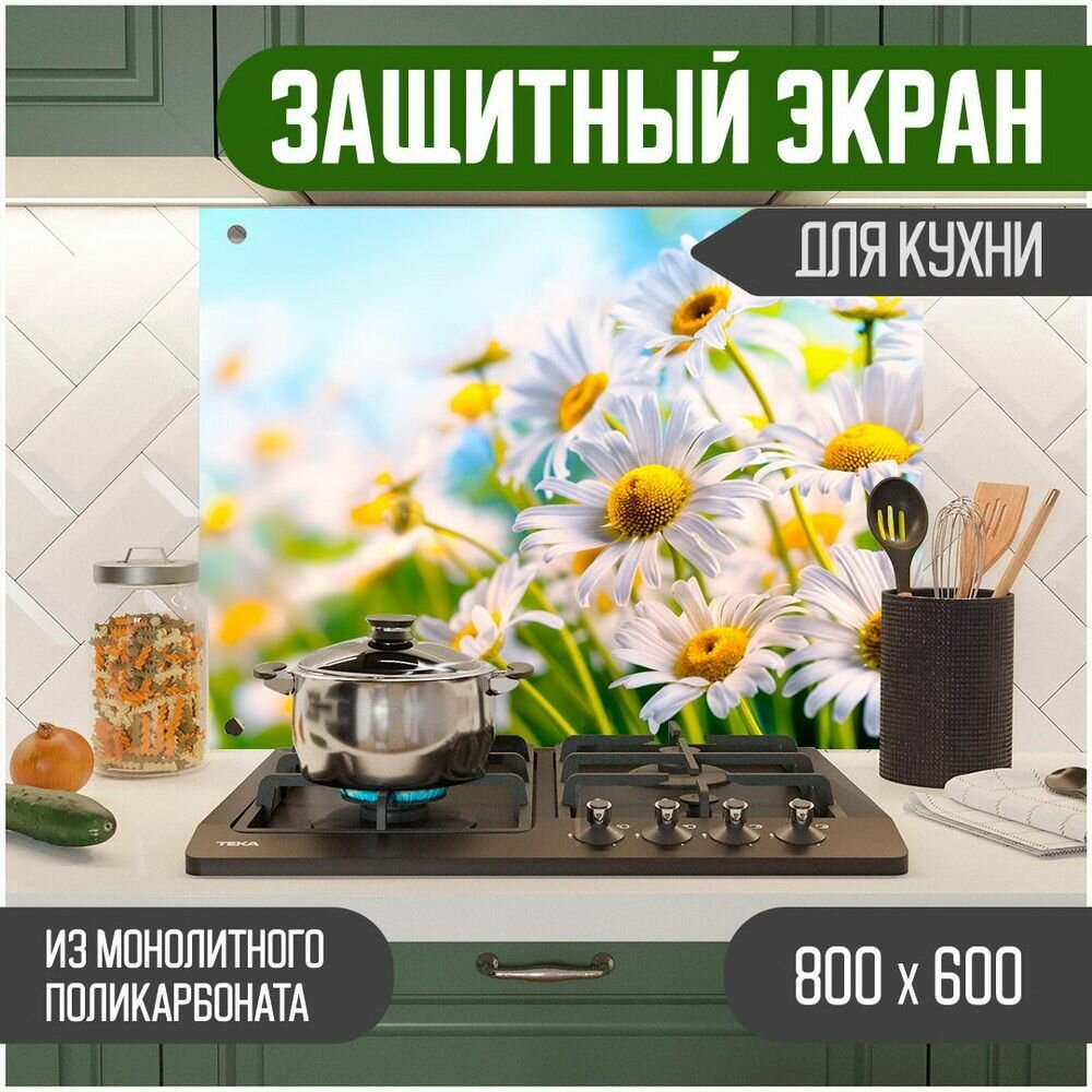 Защитный экран из акрилового стекла (поликарбонат) на кухонный фартук в зону мойки и плиты с фотопечатью. Панель на стену с рисунком Цветы 800 х 600 х 3 мм, 800-062