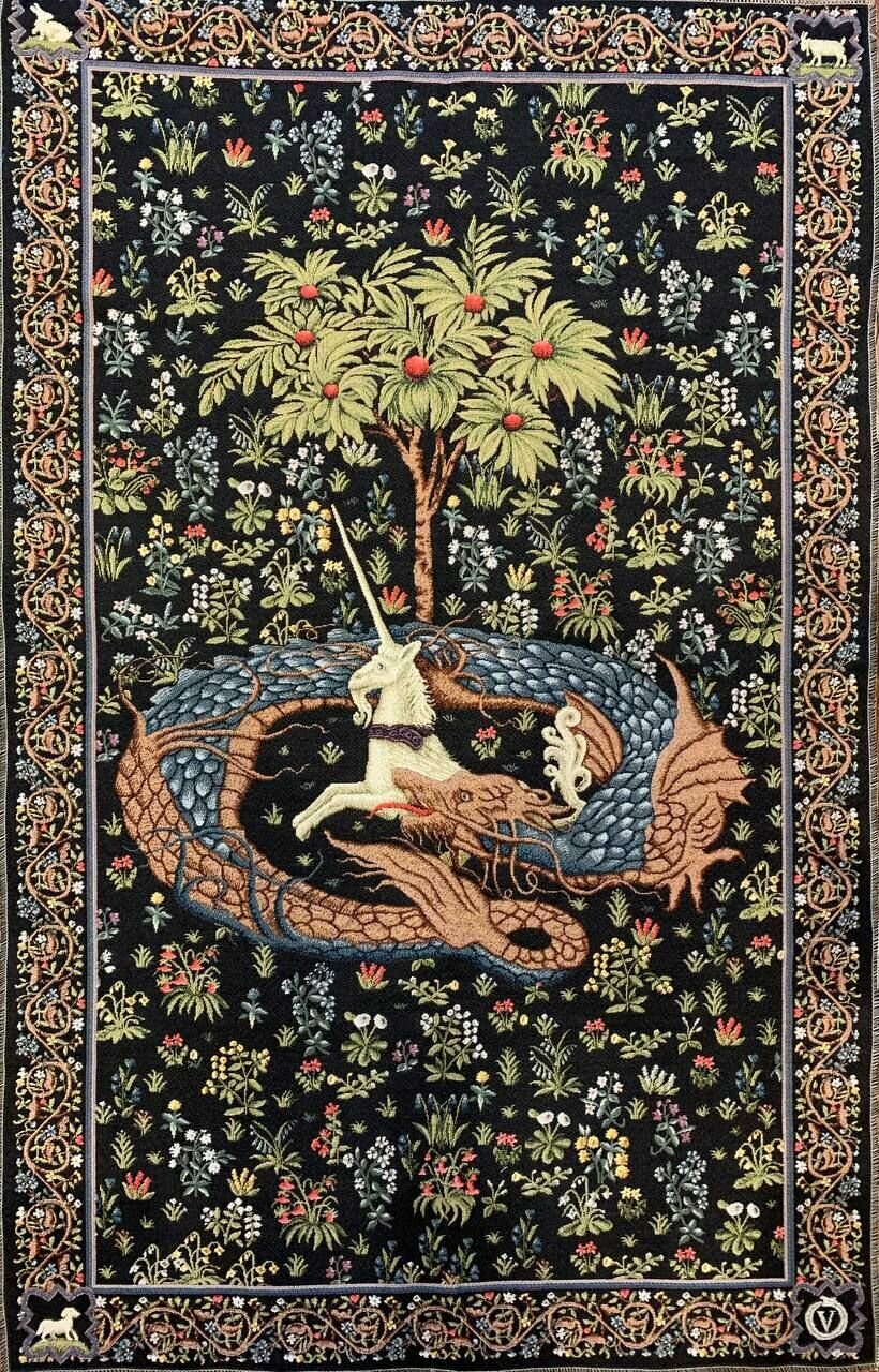 Гобелен, средневековый гобелен без рамы 110х70 см / "Единорог и Уроборос"