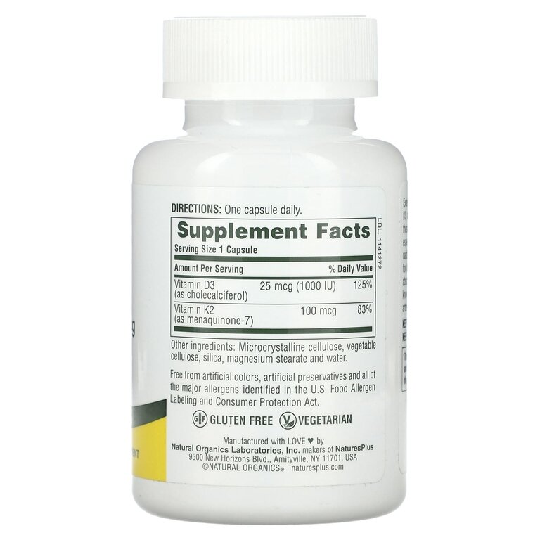 Natures Plus Vit D3/Vit K2 (Витамин D3 Bитамин K2) 1000 МЕ/100 мкг 90 капсул (NaturesPlus)