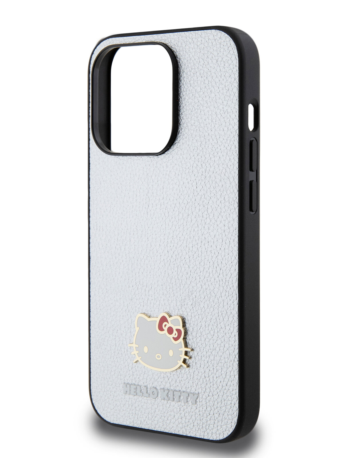Hello Kitty для iPhone 15 Pro чехол PU Grained leather Metal Kitty Head Hard Silver
