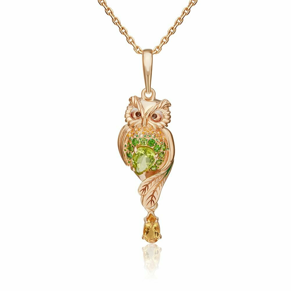 Подвеска, красное золото, 585 проба, хромдиопсид, эмаль, хризолит