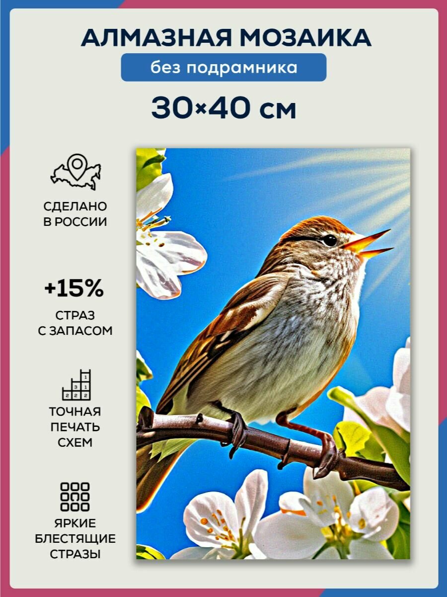 Алмазная мозаика 30x40 Соловей на веточке без подрамника
