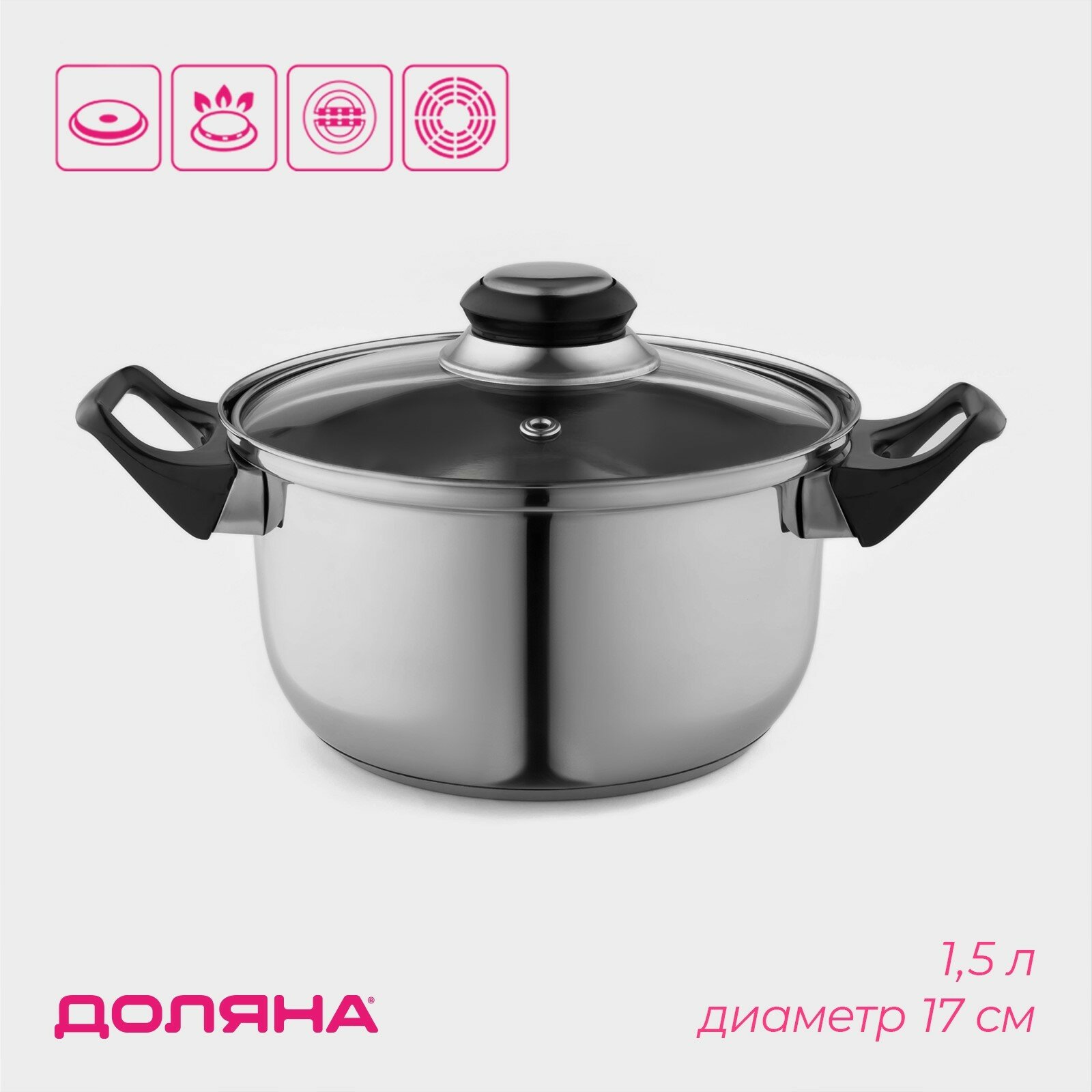 Кастрюля Доляна «Чёрная ночь», 1.5 л, с крышкой, капсульное дно, нержавеющая сталь