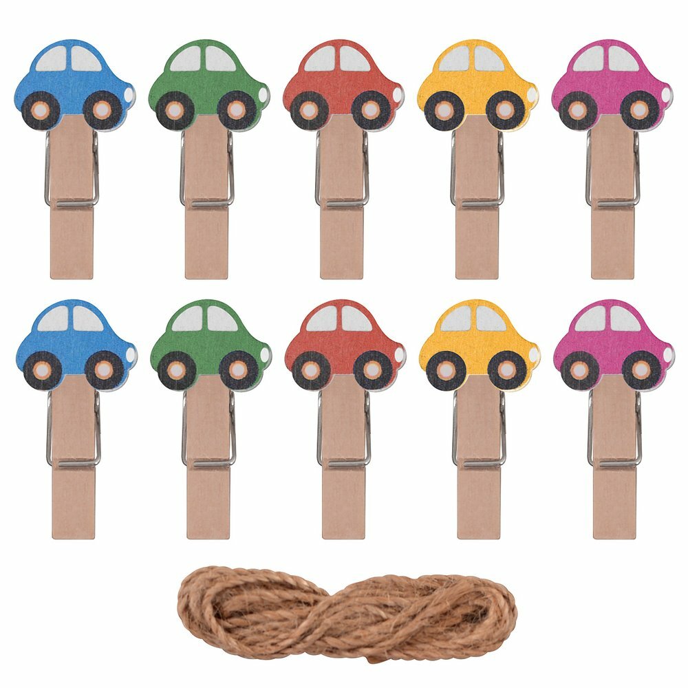 Прищепки декоративные "Машинки набор из 10 штук + верёвка джут 2 м.