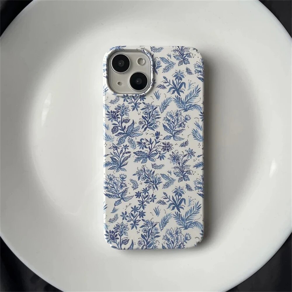 Эстетический сине-белый фарфоровый чехол для iPhone 16, 15, 14, 13 Pro Max 11, 12, For iPhone 15