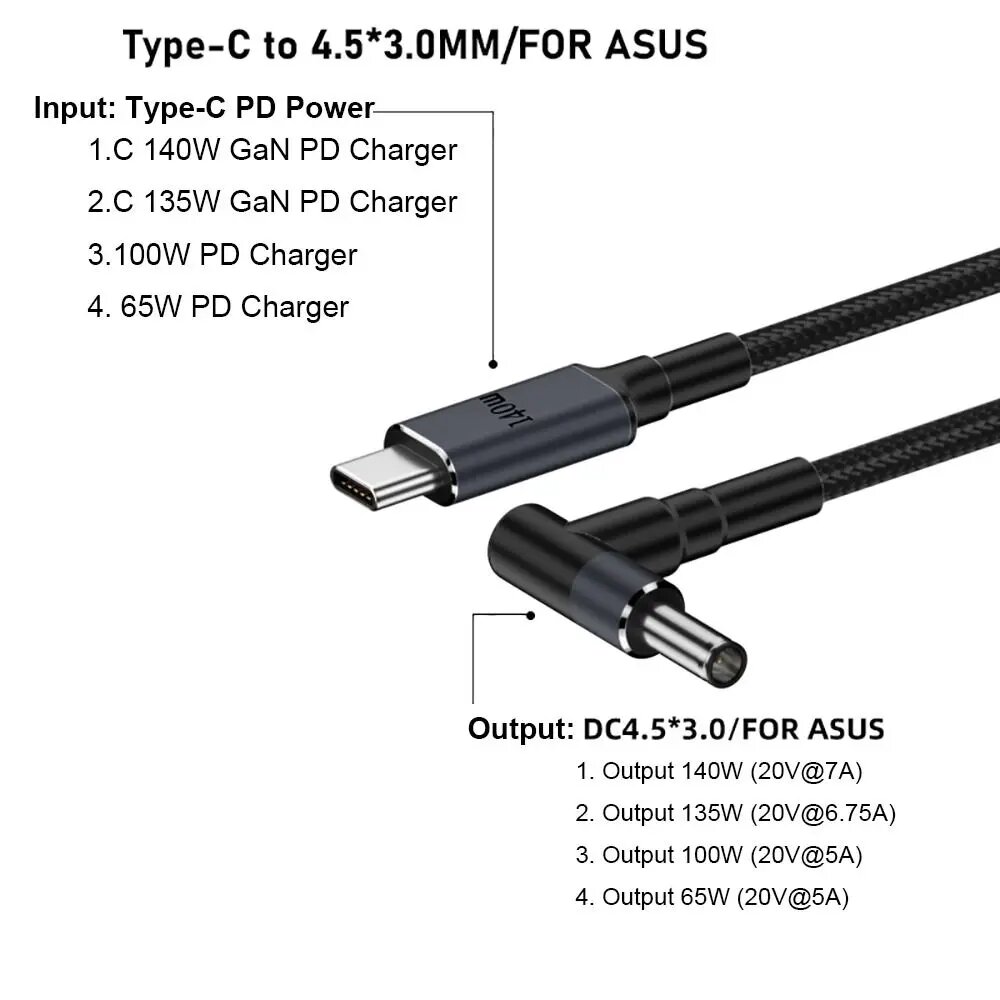 Кабель USB Type-C - DC 4.5x3.0 мм для Asus - 180 см, -4530