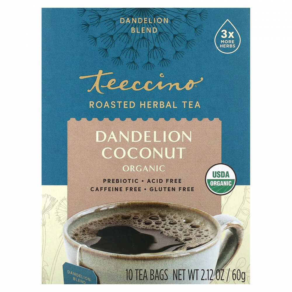 Teeccino, Органический жареный травяной чай, одуванчик и кокос, без кофеина, 10 чайных пакетиков, 60 г (2,12 унции)