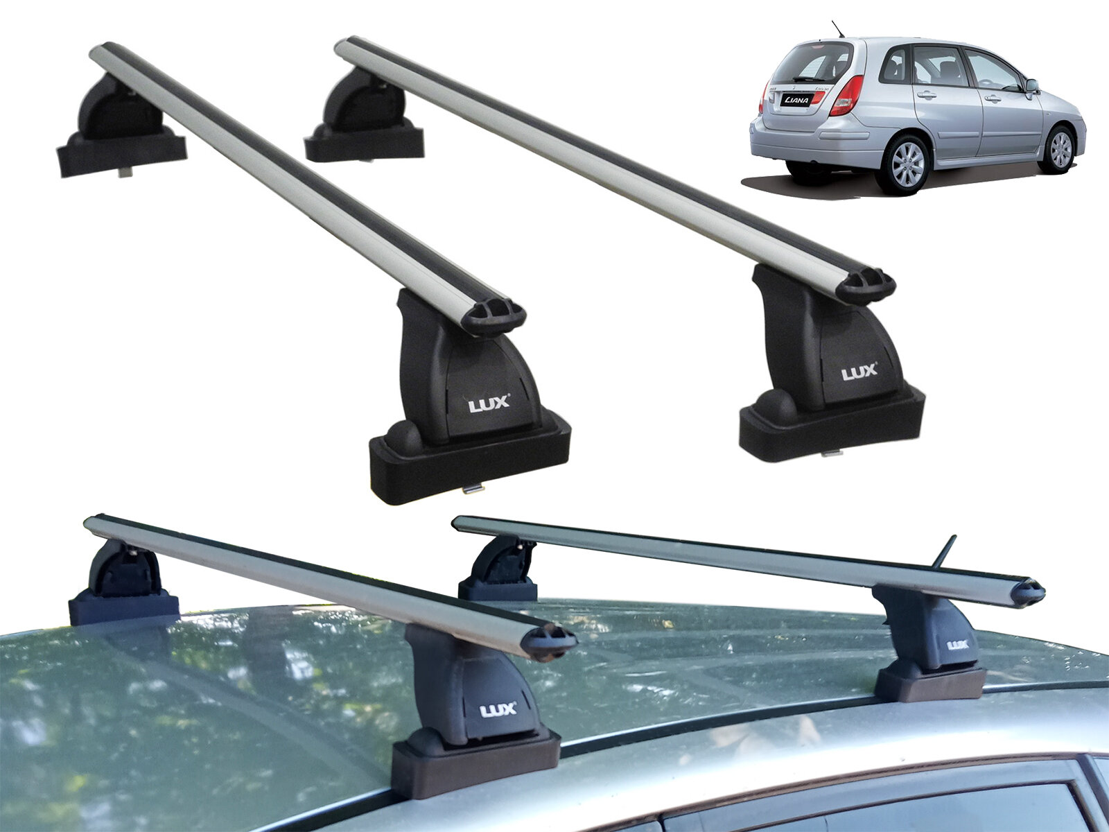 Багажник на Сузуки Лиана универсал, 2006-2011 (Suzuki Liana, hatchback/ universal, 2006-2011), штатные места, Lux, аэродинамические дуги 53 мм