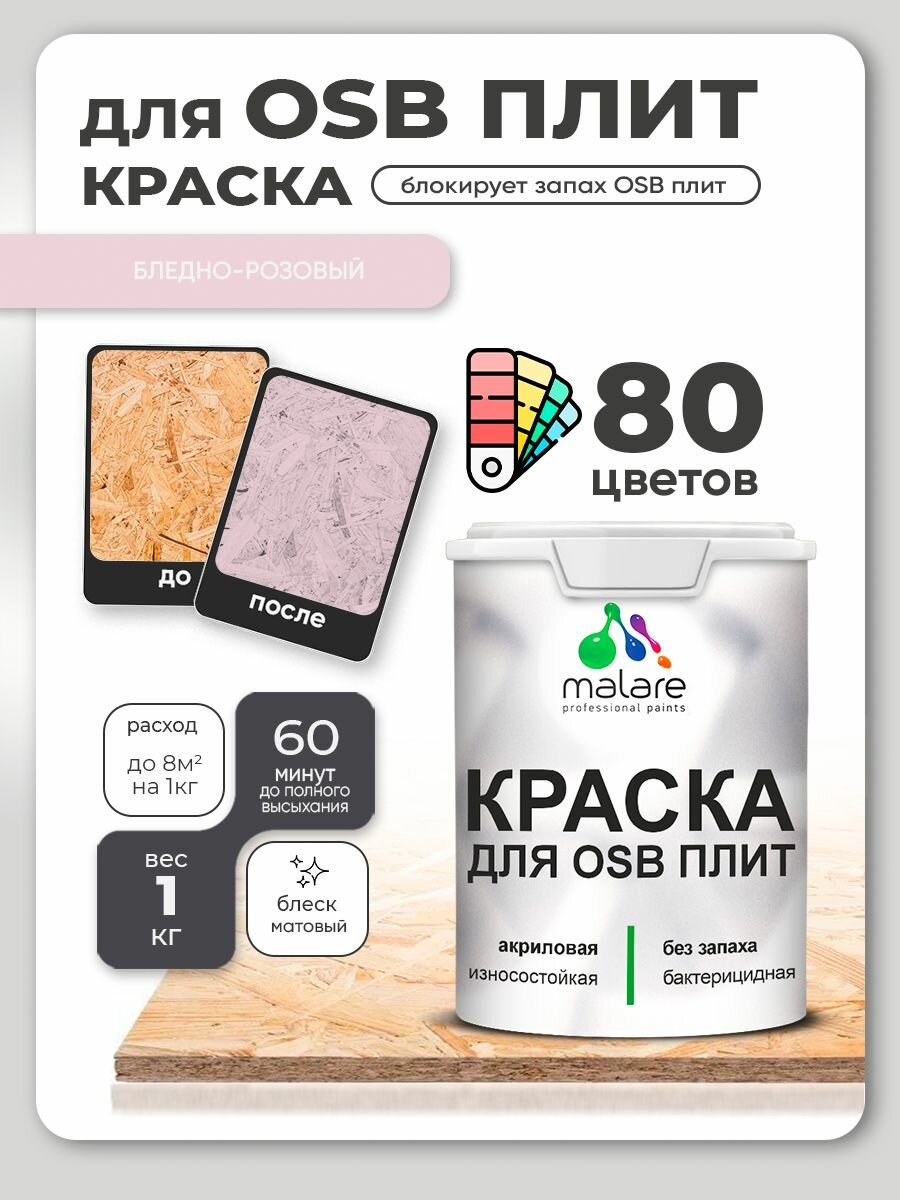 Акриловая краска для ОСБ плит Malare для дерева для наружных и внутренних работ, быстросохнущая без запаха матовая, бледно-розовый, 1 кг