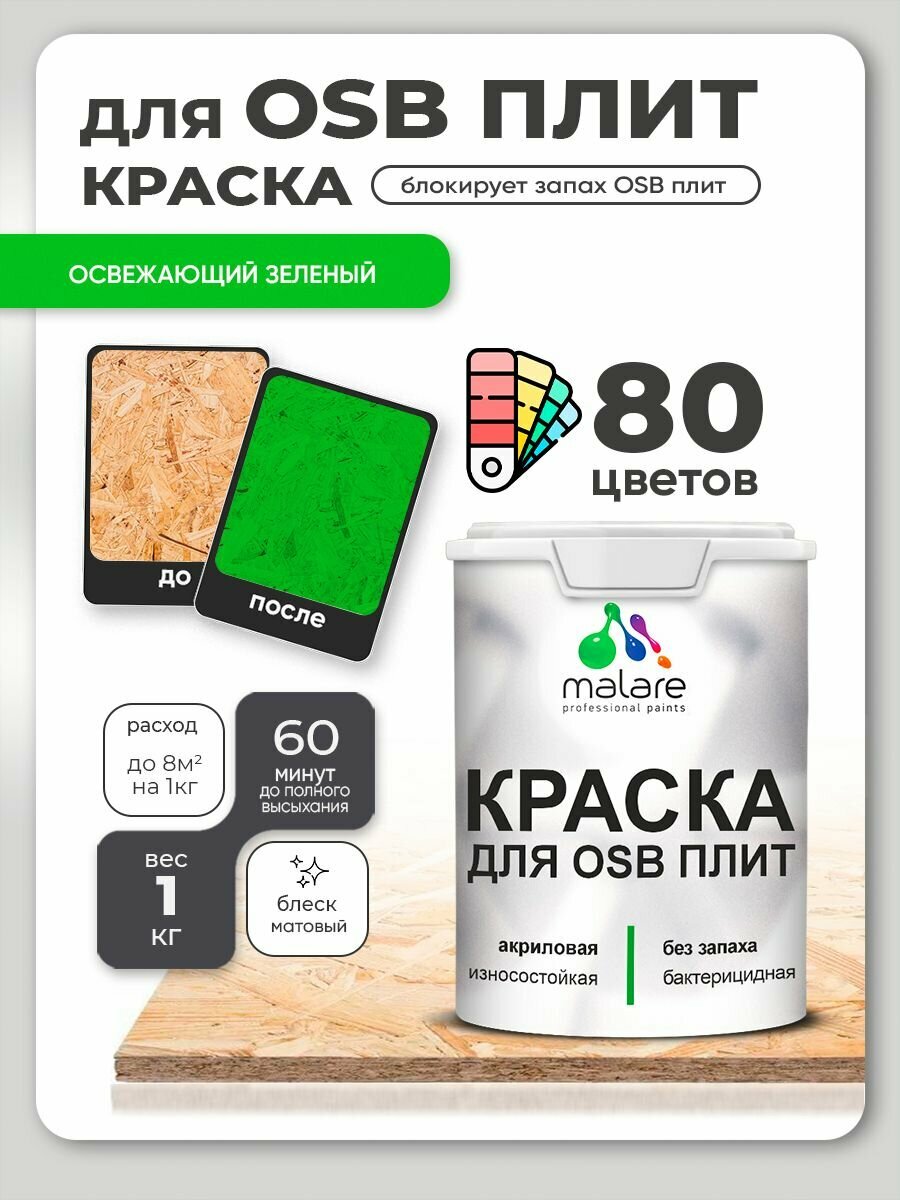 Акриловая краска для ОСБ плит Malare для дерева для наружных и внутренних работ, быстросохнущая без запаха матовая, освежающий зеленый, 1 кг