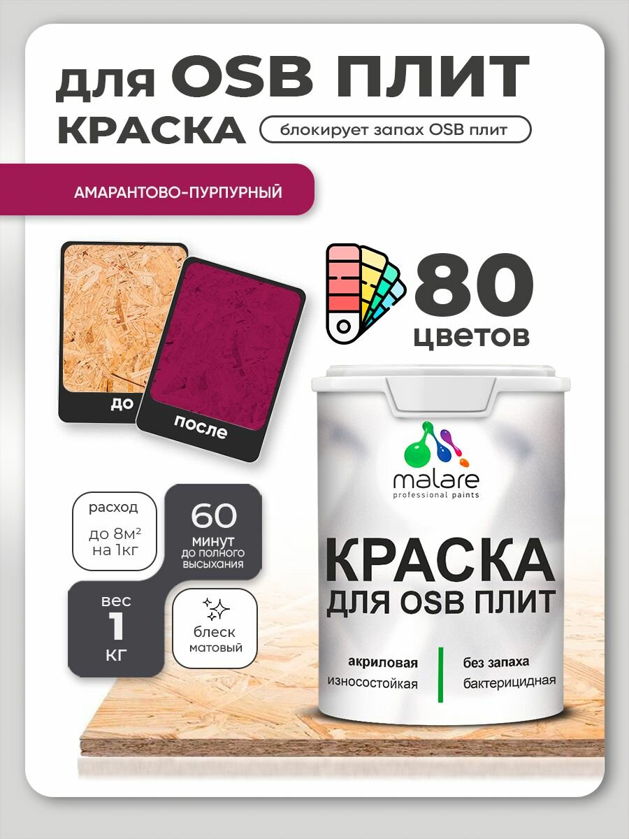 Акриловая краска для ОСБ плит Malare для дерева для наружных и внутренних работ, быстросохнущая без запаха матовая, амарантово-пурпурный, 1 кг