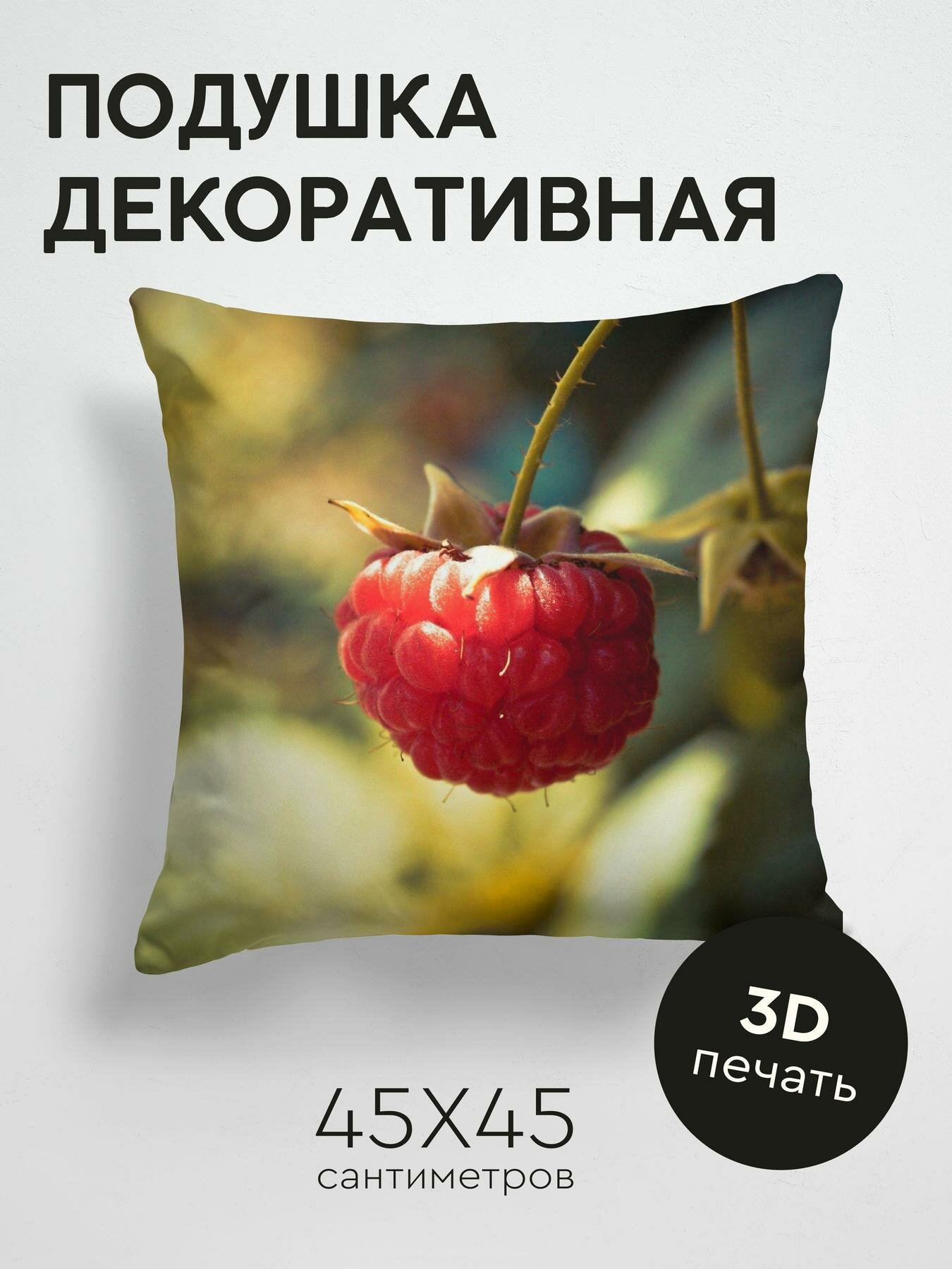Подушка декоративная, 45x45см / Макро / малина / ветка / ягода / лист