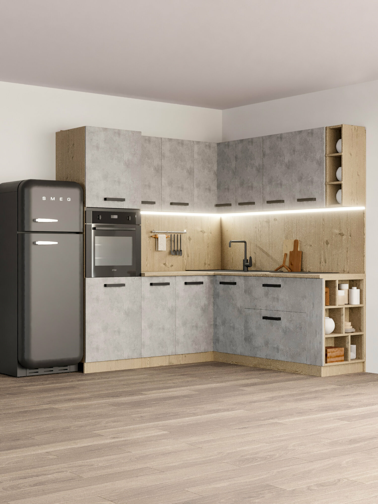 Кухонный гарнитур Стендмебель "Пасадена", угловой, ЛДСП, цвет Ателье светлый, 2 м