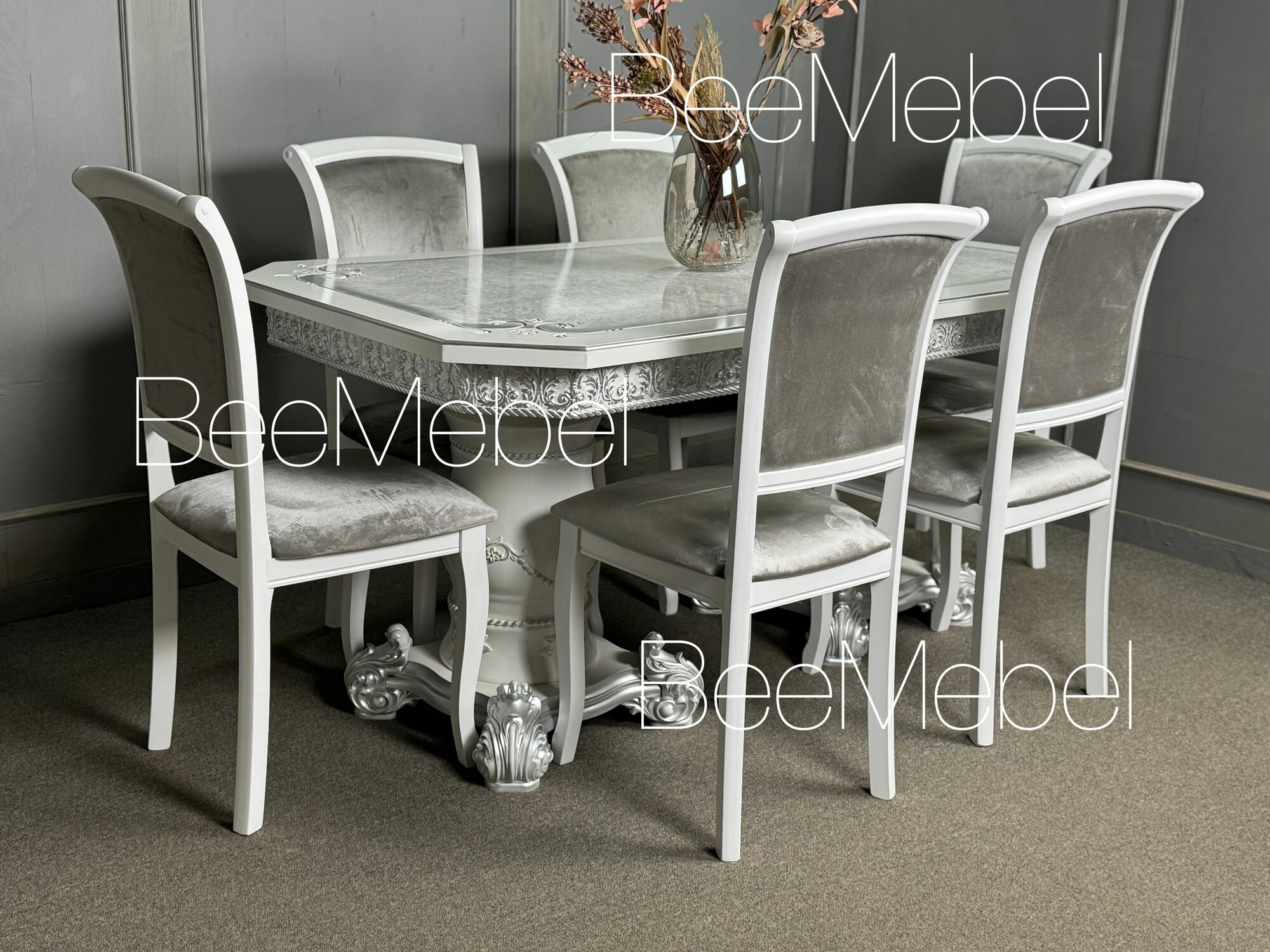 Обеденная группа, стол прямоугольный белый 160/90 и 6 стульев