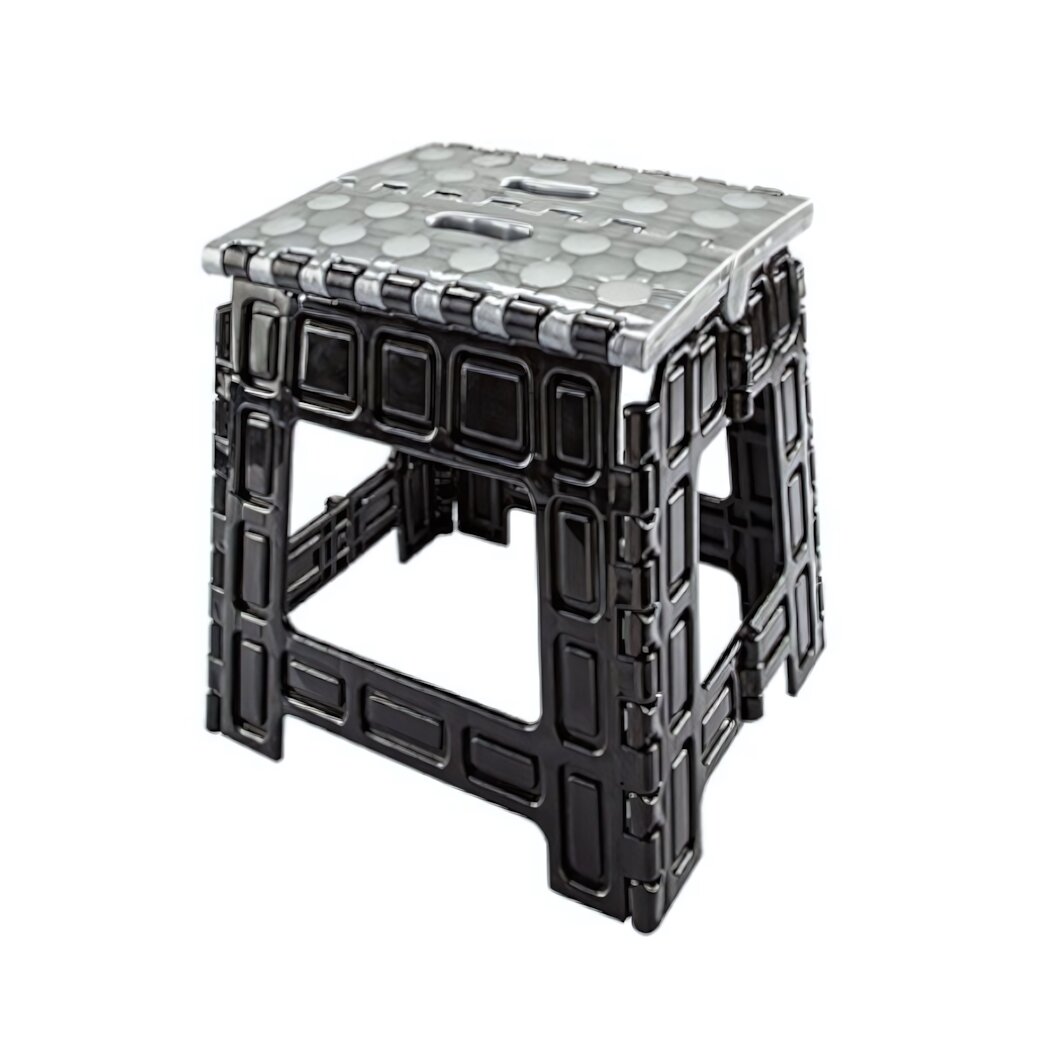 Складной табурет пластиковый черный-серебро, компактный, удобный для дома и дачи