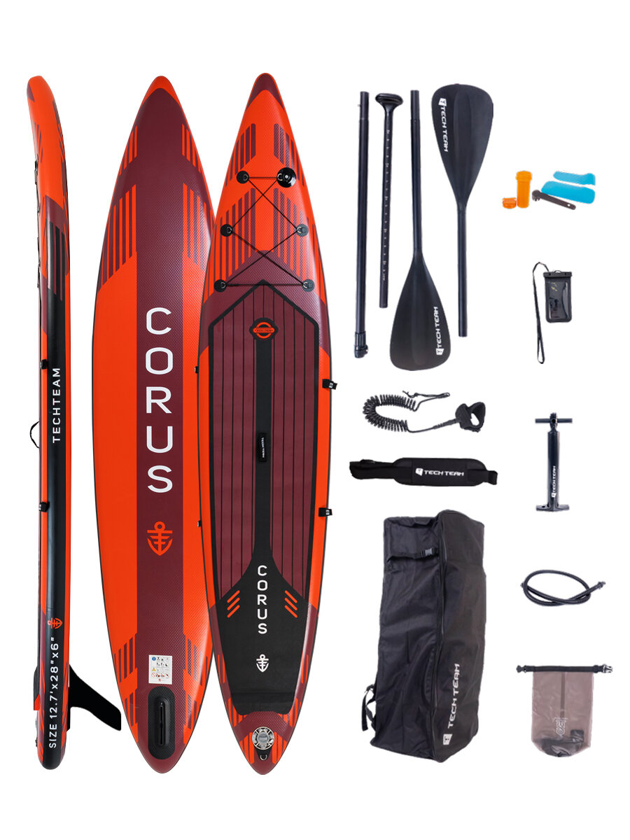 Сапборд TechTeam Corus 12.6' (383x76x15) надувной двухслойный, каячное весло, красный