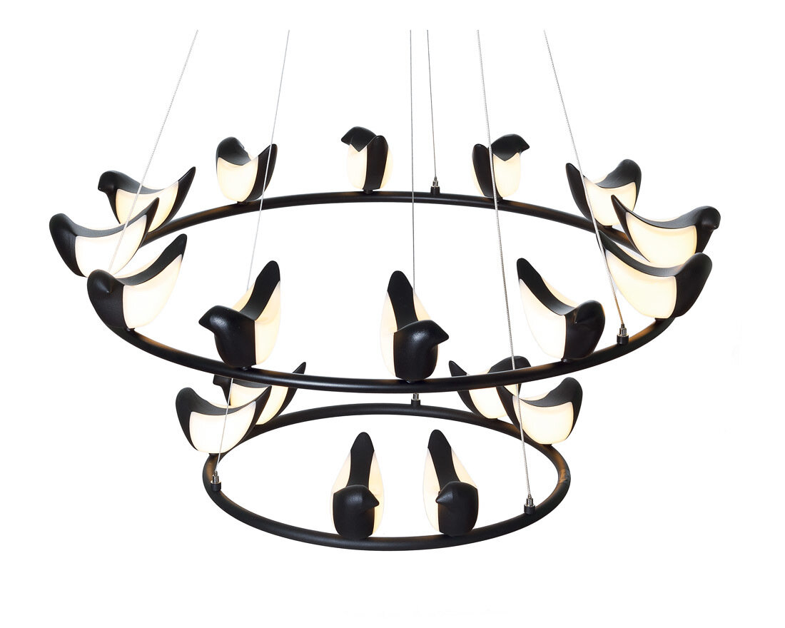 Люстра подвесная светодиодная 90 Вт два кольца диаметр 70+48 см Creative Bird Chandelier 12+6R черный Blesslight