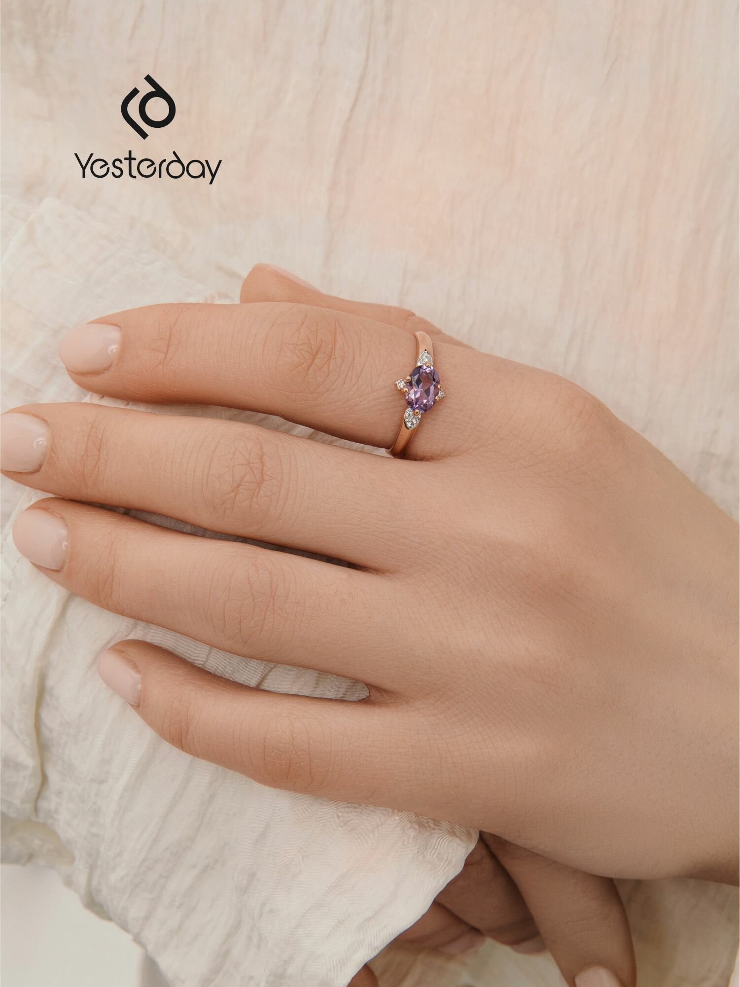 Кольцо, красное золото, 585 проба, аметист, фианит