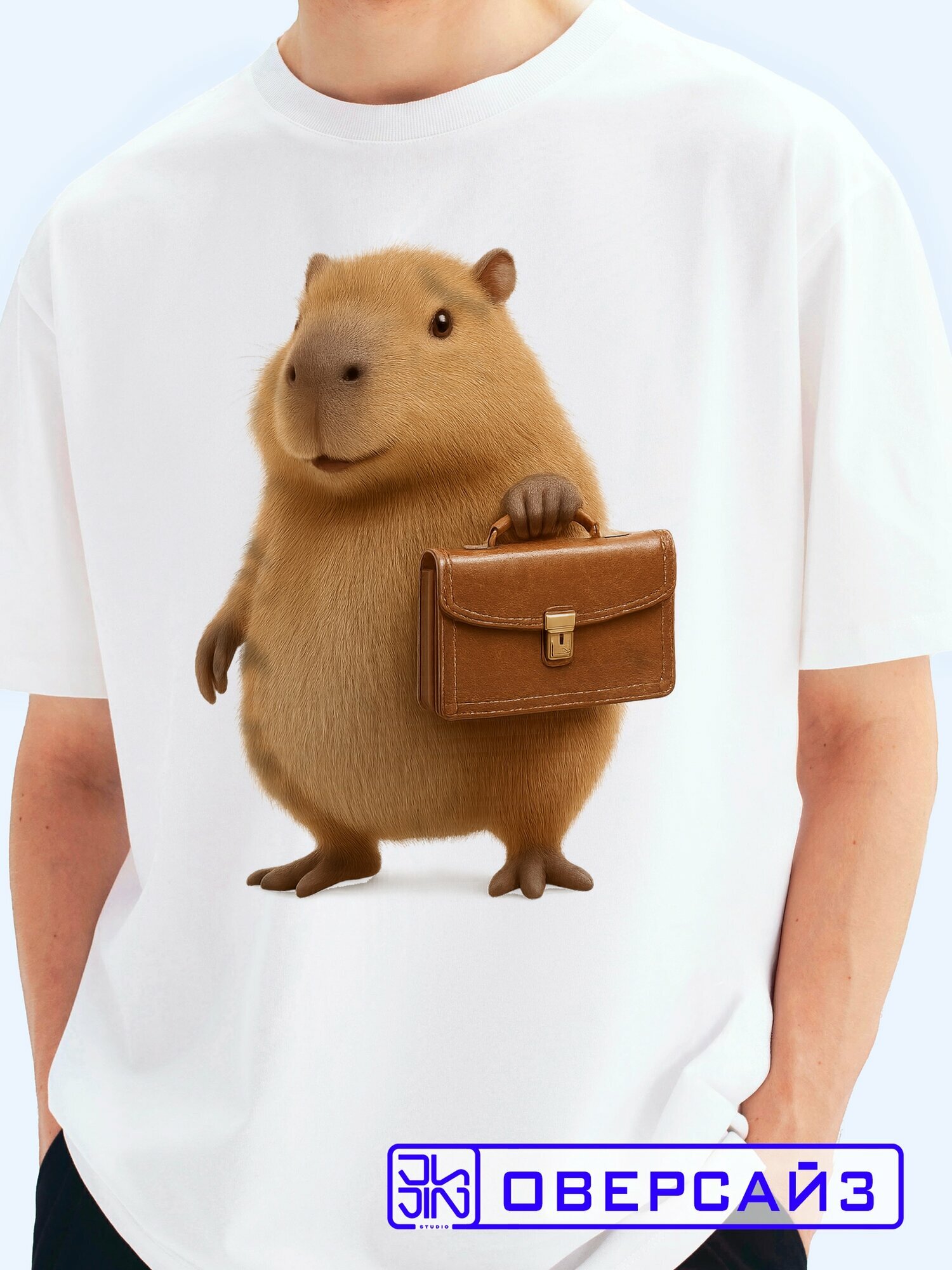 Футболка оверсайз мужская с принтом Офисная капибара с бежевым, коричневым портфелем и смешными хомяками мемами, белый хлопковый трикотаж с прикольным рисунком на груди