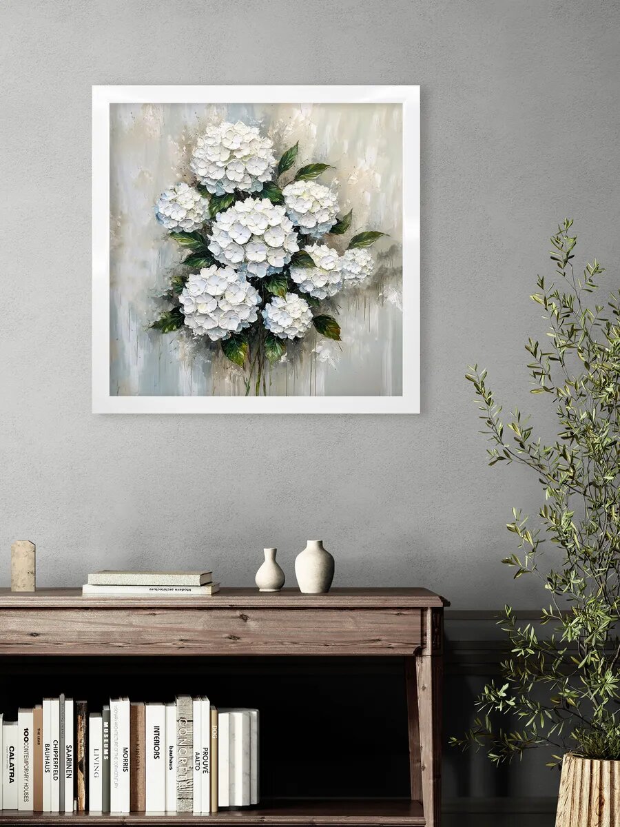 Картина Elenadecor "Букет белой гортензии", интерьерная, в раме, 66х66 см