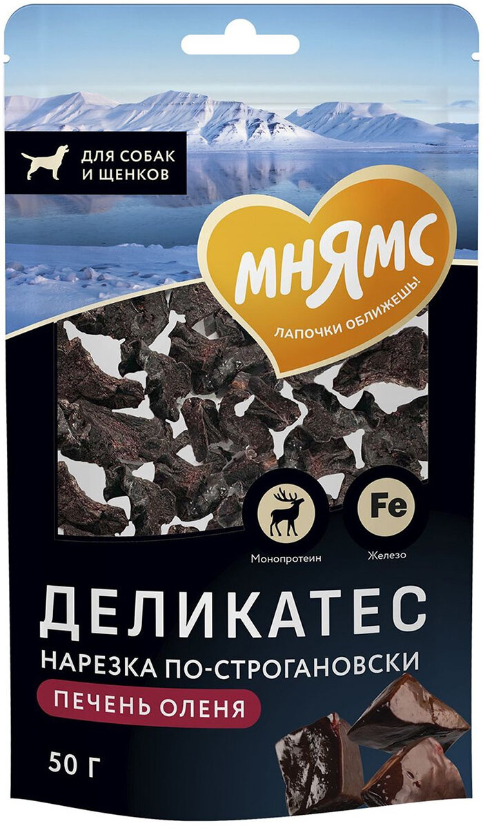 Лакомство Мнямс Деликатес для собак нарезка по-строгановски с печенью северного оленя, 50 гр