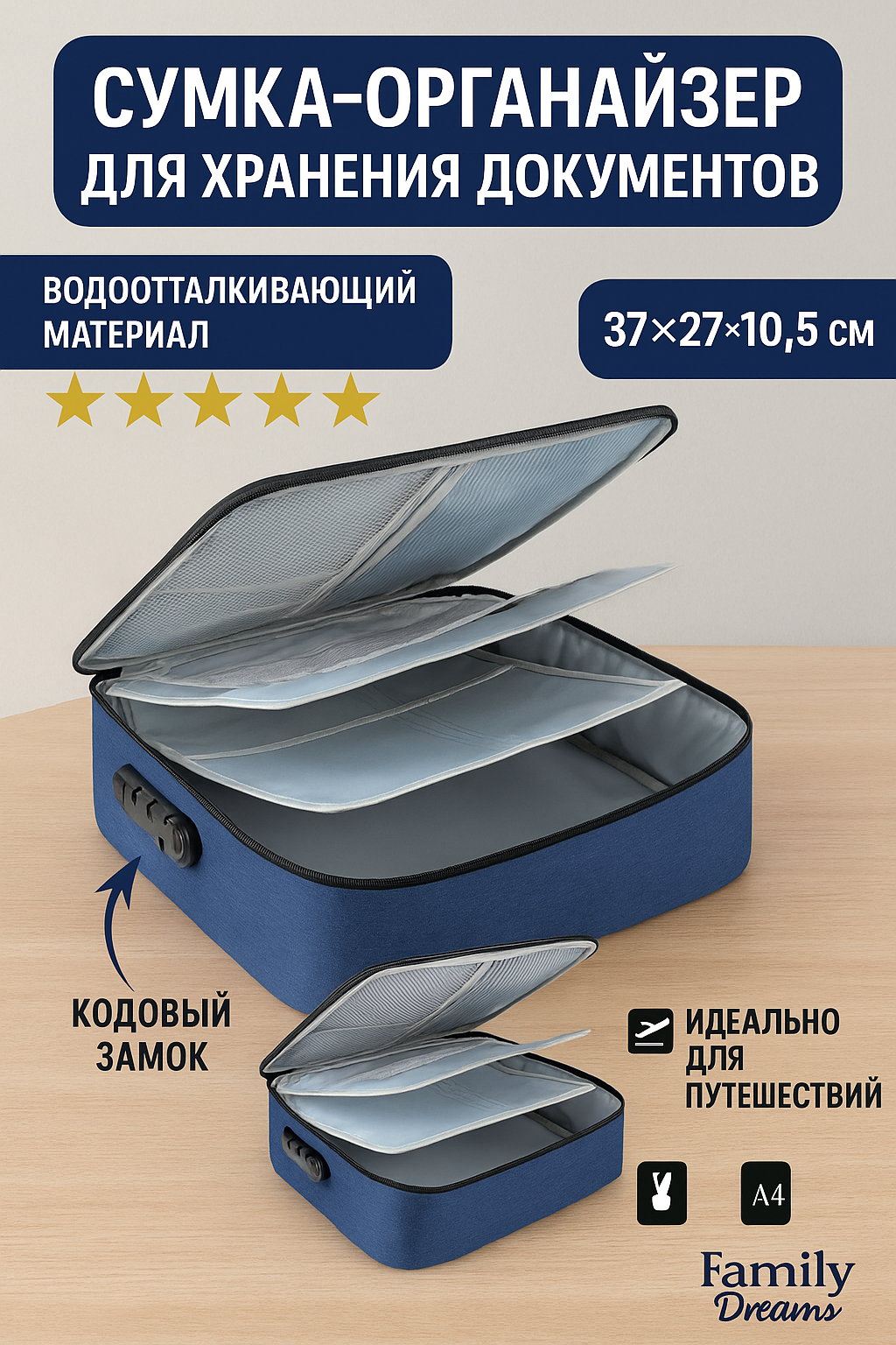 Сумка-органайзер для хранения документов с кодовым замком, Синяя