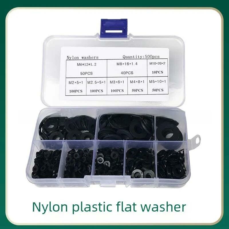 Набор 500 штук шайбы из нейлона M2-M10 пластиковые шайбы Wass шайбы изоляционные плоские шайбы 100xM2*5*1 100xM2.5*5*1 100xM3*6*1 50xM4*8*1 50xM5*10*1 50xM6*12*1.2 40xM8*16*1.4 10xM10*20*2