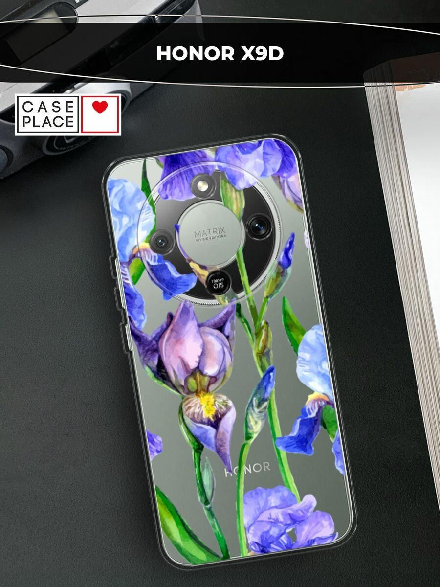 Чехол на Honor X9d / Хонор X9d с принтом Синие ирисы, прозрачный