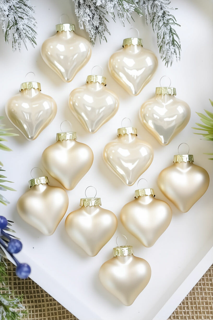 Набор ёлочных игрушек сердечки мини, стекло, перламутровые, эмалевые и матовые, 4.5 см, 12 шт, Winter Deco 1001381